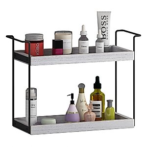 LETUBUYU 2- Tier Bathroom Counter Organizer, Standing Vanity Counter Rack Cosmetic Holder, Countertop Storage Shelf Cosmetic Organizer Holder,Kitchen Spice Rack Basket Counter Shelf (Rustic Gray)