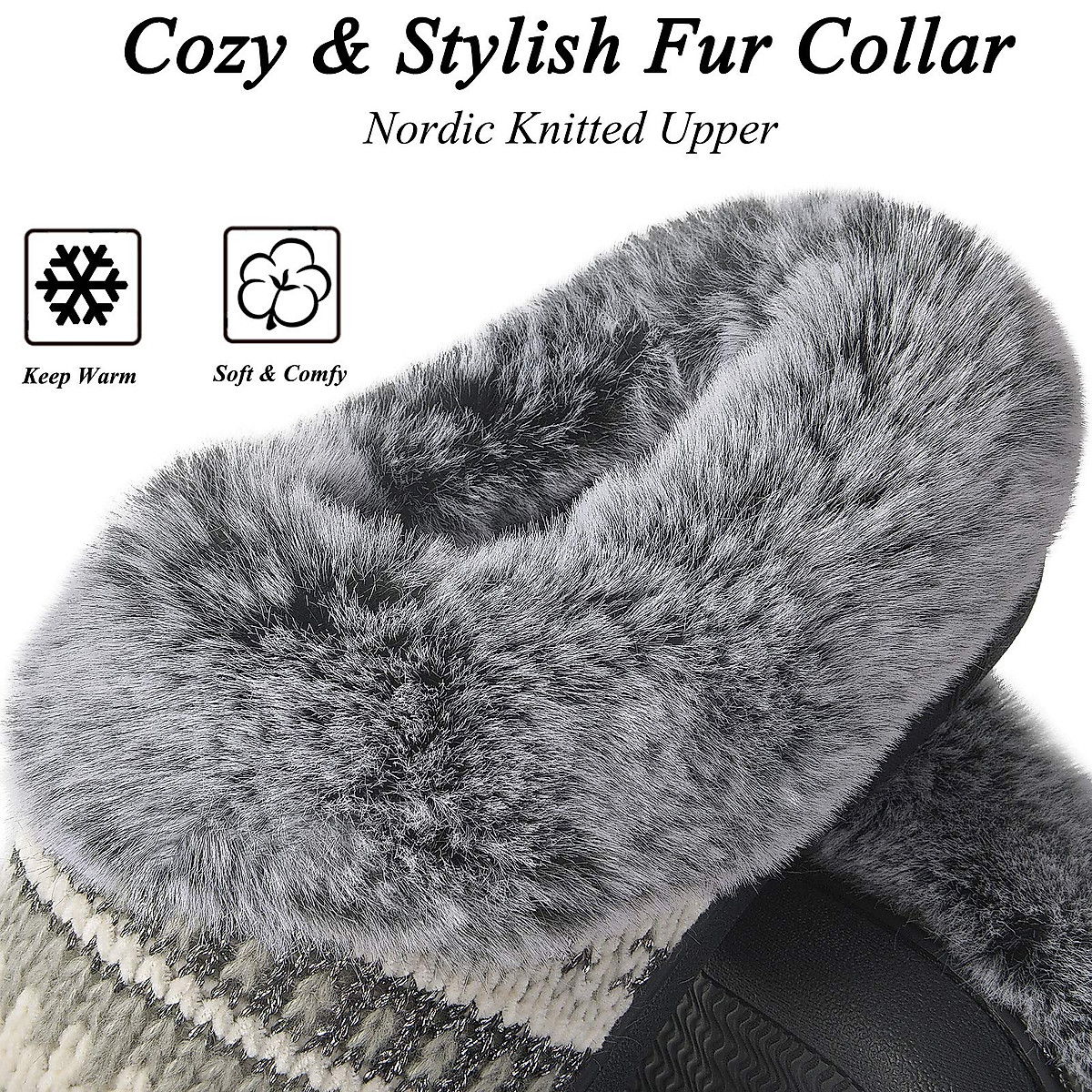 DL Women's House Slippers with Fuzzy Plush Faux Fur Collar, Memory Foam Slip on House Shoes with Indoor Outdoor Anti-Skid Rubber Sole, Grey/white, 7-8