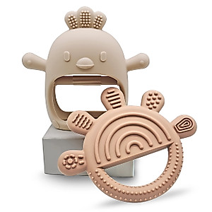 Petite Bee - Silicone Baby Teether Animal Toy Sunshine and Chicken Never Drop Soothing Pacifier & Infant Chew Toy (2 Pack, Beige & Pink)