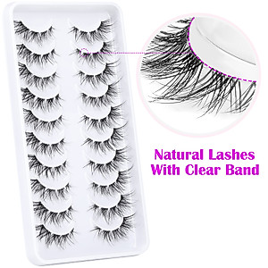 False Eyelashes Cluster Lashes Natural Look, Wispy Manga Eyelash Extensions Strip Cat Eye Lashes Pack with Clear Band Short Anime Korean Fake Eyelash 10 Pairs ALICROWN