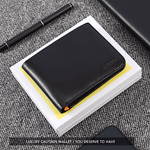 Calfskin Slim Wallets For Men RFID Blocking Leather Minimalist Front Pocket Mens Bifold Wallet Easy Access Ladder Card Slots (Black)