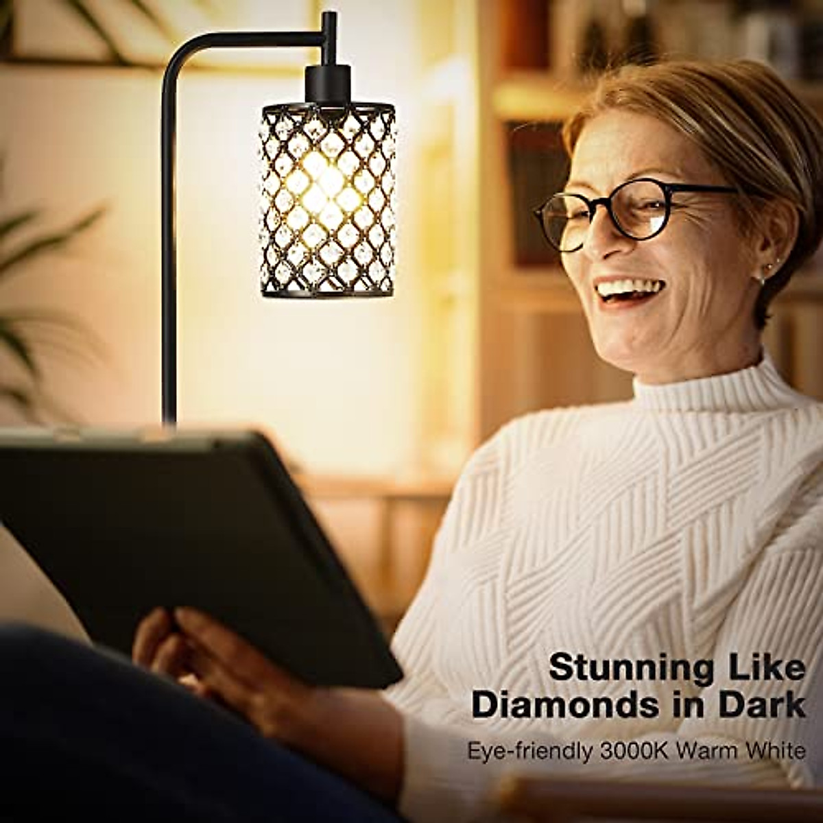 Hong-in Crystal Floor Lamp - Tall Lamp with 6W LED Bulb, Modern Standing Floor Lamps for Living Room with Foot Switch, Black Floor lamp for Bedroom Office Reading Dining Room Kitchen, 64.6 Inch