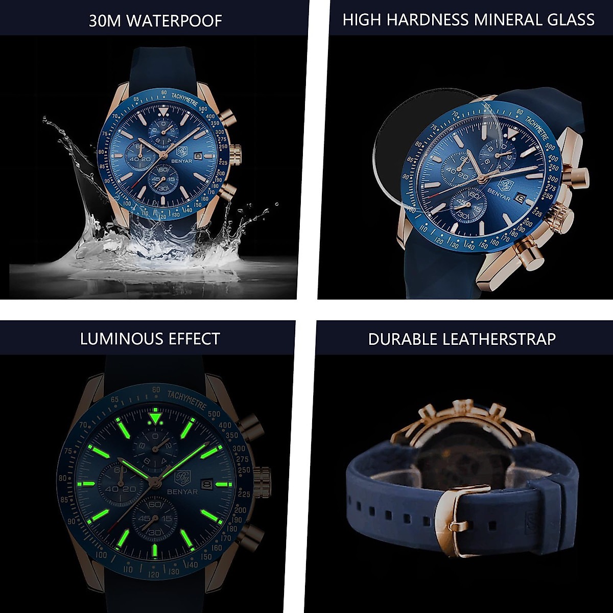 BENYAR Mens Watches Quartz Chronograph Business Luxury Brand Waterproof Wristwatches Fashion Brown Leather Watches for Men (Golden Blue-J)