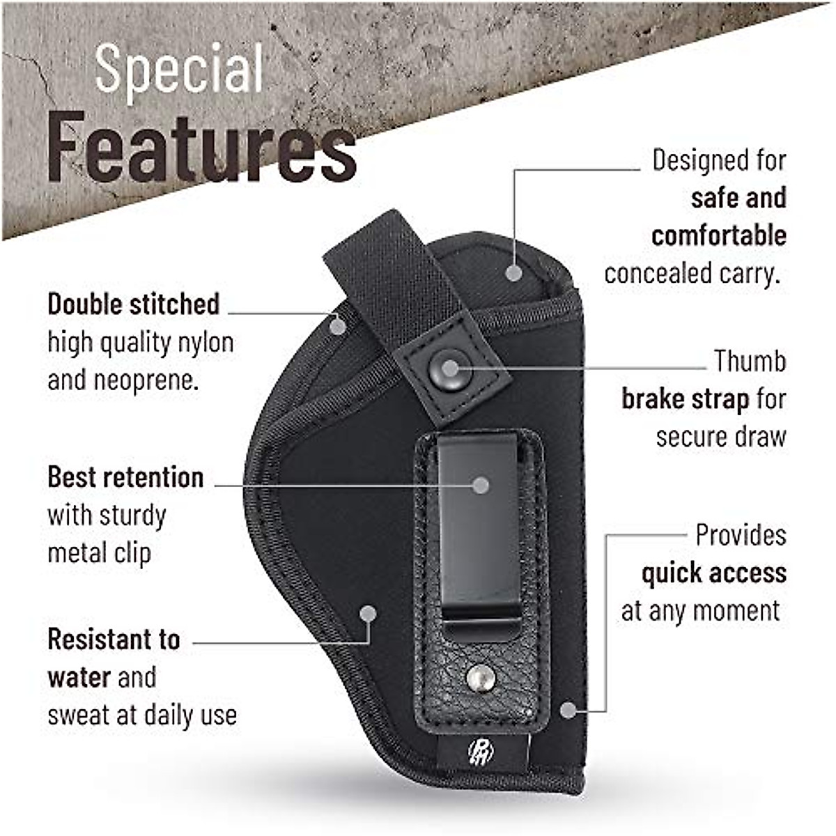 IWB Gun Holster by PH - Concealed Carry Soft Material and Interior - Fits M&P Shield 9mm.40.45 Auto/Glck 19 26 27 29 30 33 42 43 / Rug LC9, LC380 - Taurus Slim, PT111 G2 GX4 - Springfield XDs Hellcat