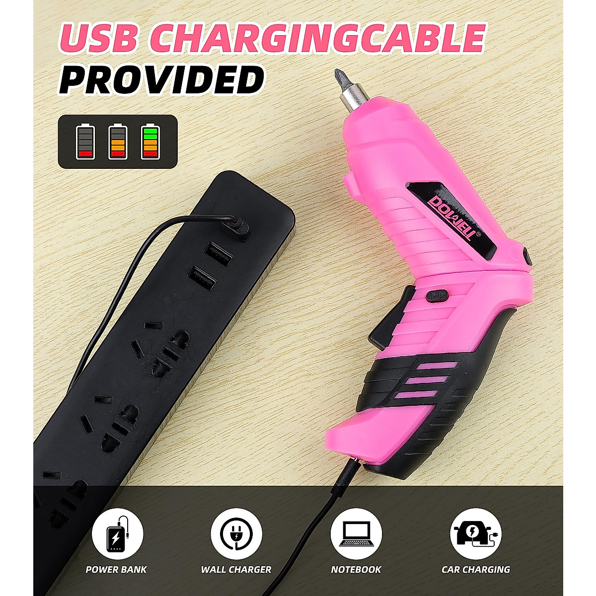 DOWELL Power Electric Cordless Screwdriver Set Rechargeable 3.6V Power Screwdriver Kit Tools for Women with 27pcs Accessories Pink