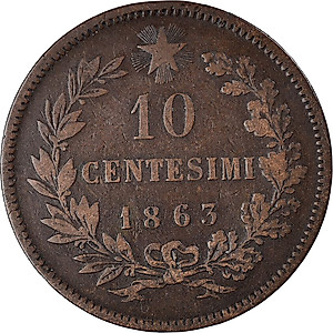 1862 -1867 10 Centesimi Historical Italian Coin. Issued Ender King Vittorio Emanuele II." Father Of The Fatherland" Who Unified And Created Modern Italy. 10 Centesimi Graded By Seller Circulated Condition