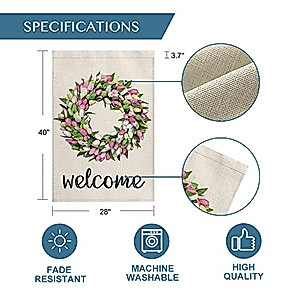 AVOIN colorlife Welcome Tulips and Lily Wreath House Flag Double Sided, Seasonal Spring Easter Mother's Day Yard Outdoor Flag 28 x 40 Inch