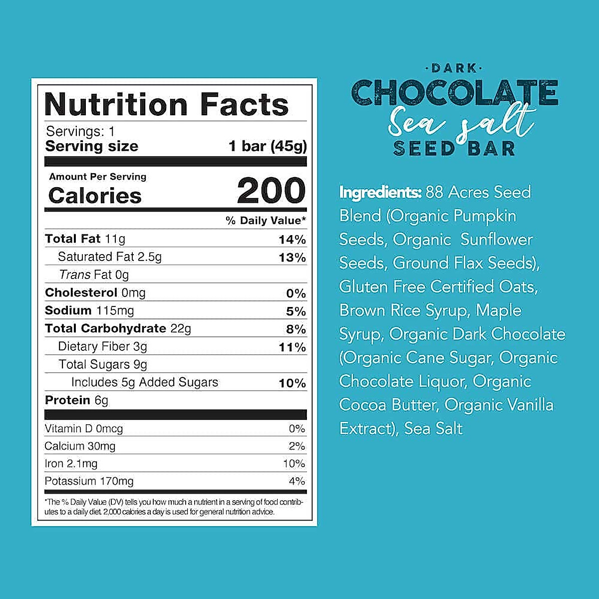 88 Acres Granola Bars | Dark Chocolate Sea Salt | Gluten Free, Nut-Free Oat and Seed Snack Bar | Vegan & Non GMO | 12 Pack