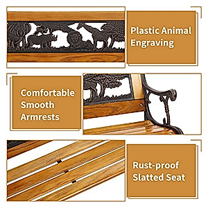 YRLLENSDAN Metal Patio Bench for Kid, 32in Wood Small Outdoor Bench Clearance Cute Children Bench Outside Bench Animals Back Garden Bench for Porch Lawn- Bronze