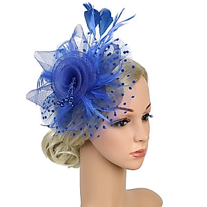 DOOVID Fascinators Hat for Women Tea Party Headband Kentucky Derby Wedding Cocktail Flower Mesh Feathers Hair Clip Royal Blue