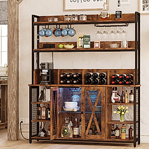 IRONCK Coffee Bar Cabinet with Power Outlet, Industrial Buffet Cabinet with LED Strip and Glass Holder, 3-Tiers Liquor Cabinet Bar for Home, Dining Room, Kitchen, Vintage Brown