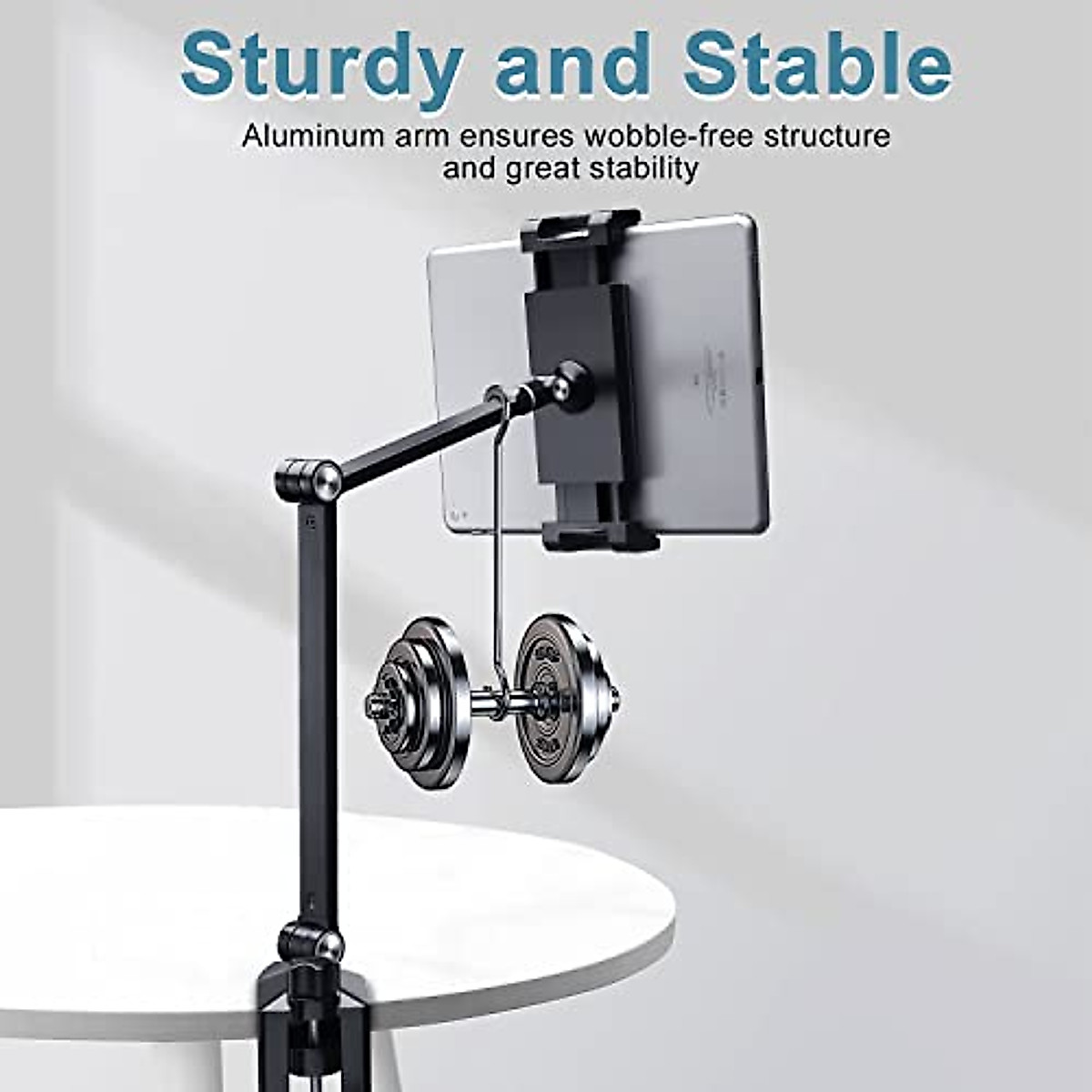 ZEXMTE Tablet Stand Holder, Adjustable Desktop Tablet Holder Mount Foldable Phone Stand with 360° Swivel Phone Clamp Mount Holder,Stable Tablet Stand for iPad 4.7-12.9" Tablets/Phones-Black