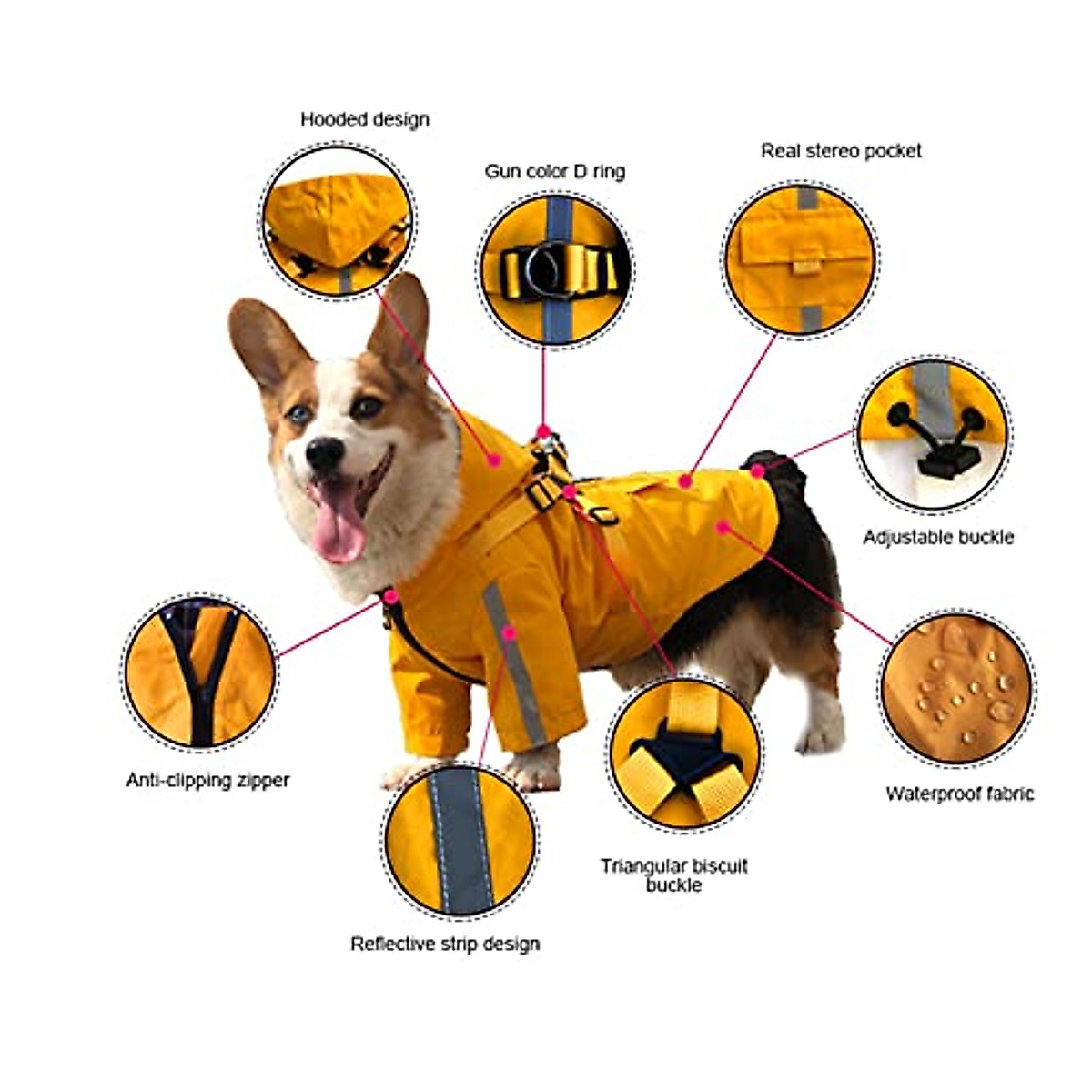 leasote Pet Raincoat Hooded Design Reflective Strip Adjustable Buckle Zipper Closure Back Pocket Waterproof with Traction Ring Small Medium Large Dogs Rain Jacket, Puppy Clothes for Outdoor Travel Y