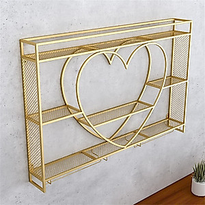 LITFAD Modern Wall Mounted Wine Rack Metal Wine Bottle & Glass Rack Iron Display Stand Wine Holder with Shelves - 1 Piece Gold Heart Shape