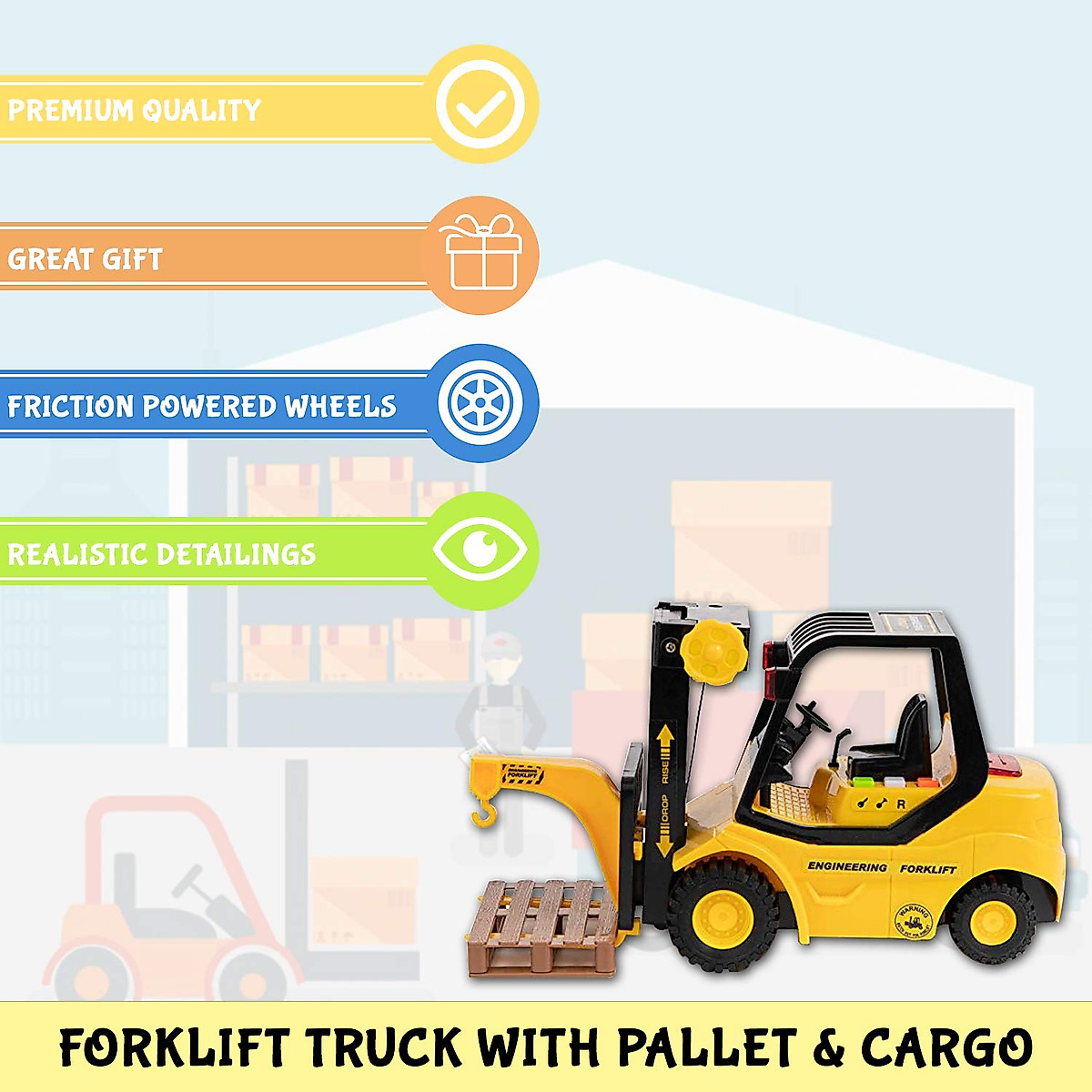 Toy To Enjoy Forklift Truck with Pallet & Cargo – Friction Powered Wheels & Manual Lifting Control - Heavy Duty Plastic Lifting Vehicle Toy for Kids & Children