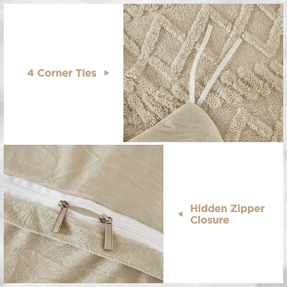 Andency Beige Cream Fleece Duvet Cover Set King Size, 3 Pieces Boho Flannel Fuzzy Fluffy Faux Fur Comforter Cover for Winter, Soft Shaggy Plush Cozy Sherpa Bedding Set