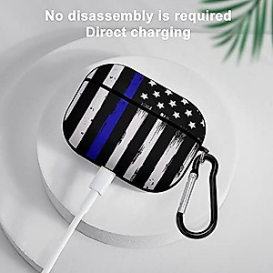 Shockproof Headphone Case Compatible with AirPods Pro Wireless Charging Case American Thin Blue Line Flag Police Pattern Black, Smooth Plastic Case Cover Accessory with Keychain