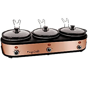 Megachef Triple 2.5 Quart Slow Cooker and Buffet Server in Brushed Copper and Black Finish with 3 Ceramic Cooking Pots and Removable Lid Rests