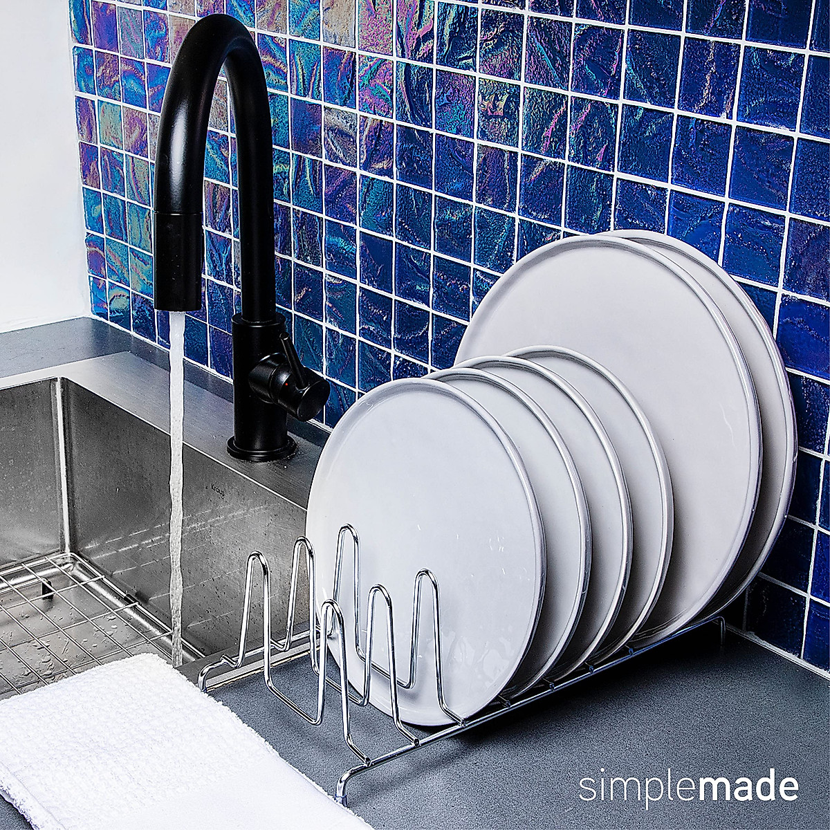 SIMPLEMADE Kitchen Dish Rack Organizer - 2 Wire Metal Cabinet Organizers and Storage Rack for Plates, Dishes, Pots, Pot Lids, Pan Lids, Container Lids - Shelf, Counter & Pantry Organization (Chrome)