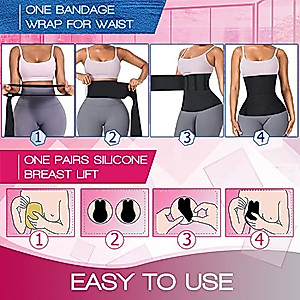 Waist Trainer Wrap Plus Size - Adjust Your Snatch Bandage Wrap Tummy Sweat Wraps - Waist Trainer For Women | Belly Body Shaper Compression Wrap | Gym Accessories Black | Bonus Gift Breast Lift Tape