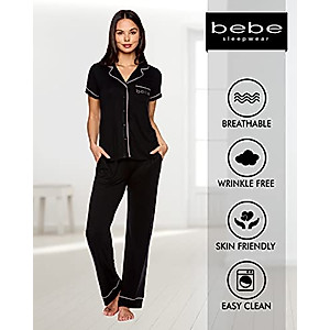 bebe Womens 2 Piece Short Sleeve Button Down Shirt and Long Pants Bridesmaid Pajamas Set (Black, X-Large)