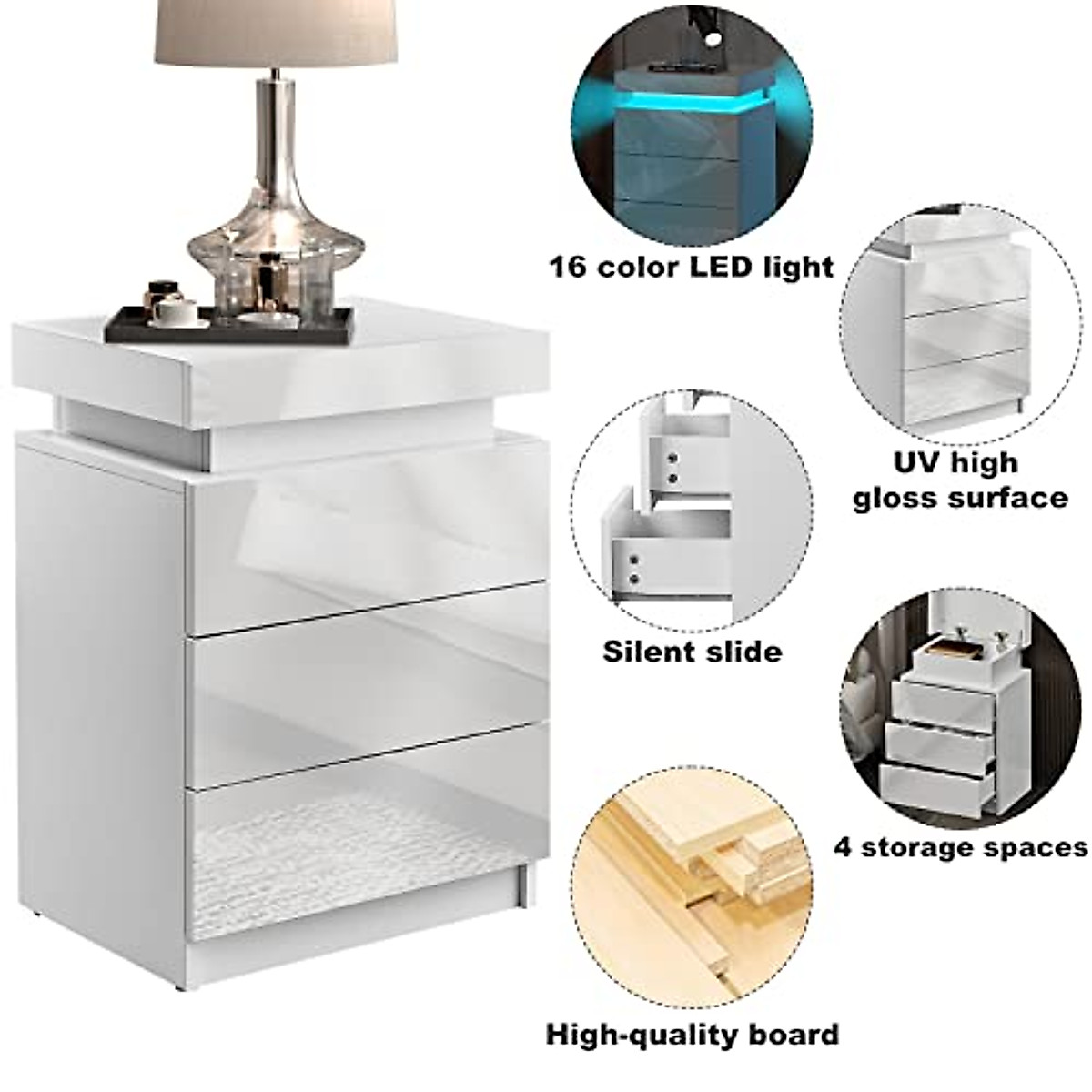 TUKAILAi Set of 2 Modern Nightstand with LED Light, High Gloss Bedside Table Cabinet with 3 Drawers and Top Storage, Chest of Drawers for Bedroom Living Room (White)