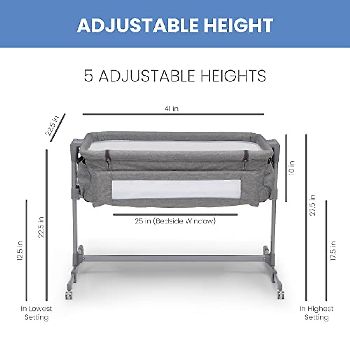 Delta Children Close2Me Bedside Baby Bassinet Sleeper with Breathable Mesh and Adjustable Heights - Lightweight Portable Crib, Grey