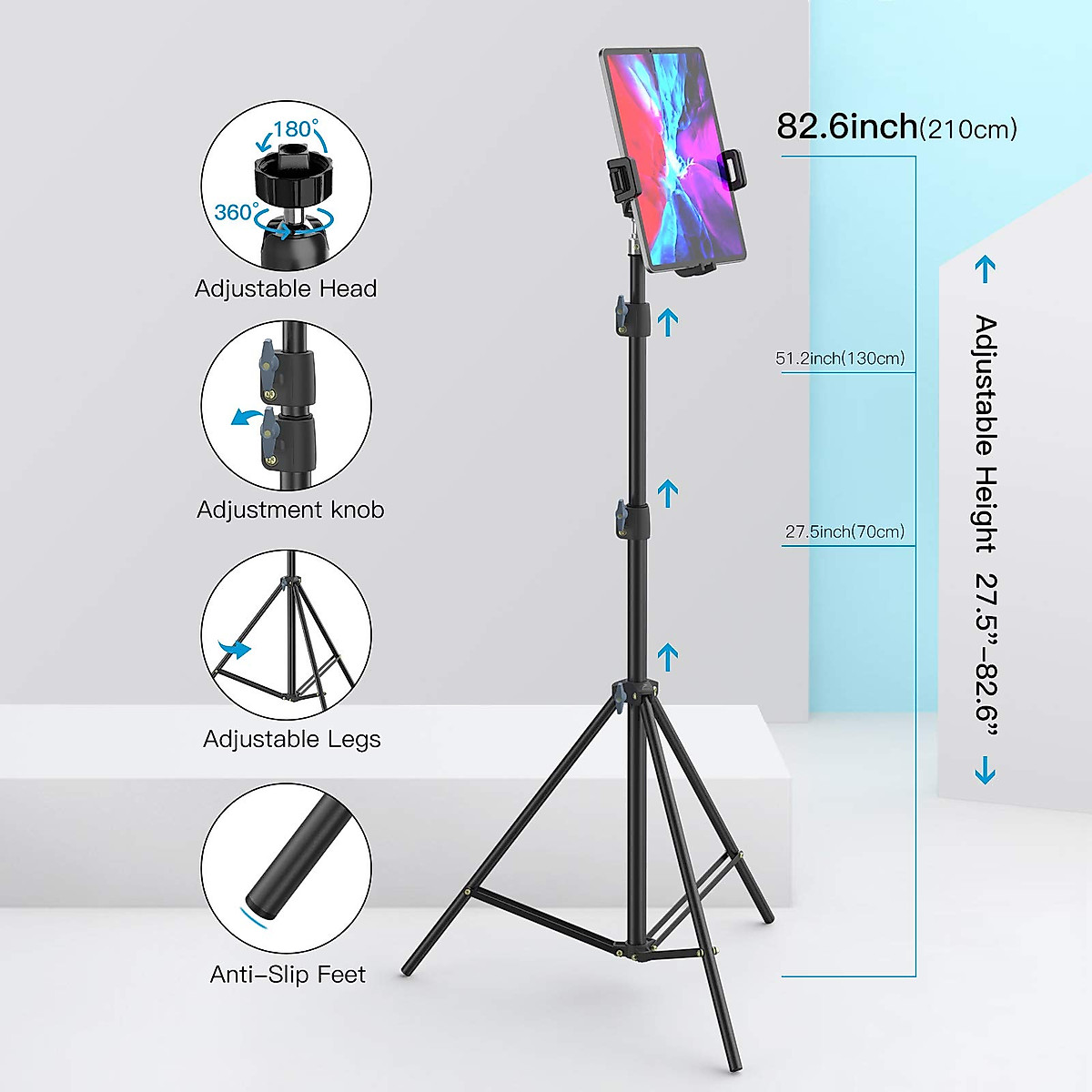 Smatree iPad Tripod Stand Floor Stand, Height Adjustable Foldable Tripod Stand for Cell Phone/Tablet/Camera/Logitech Webcam, Compatible with iPhone/iPad Pro/Mini/Air, Height Adjustable 27.5-82.6 Inch