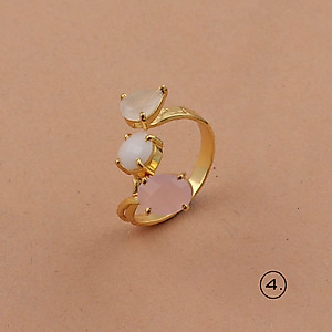 Handmade Moonstone & White Agate & Chalcedony Gemstone Adjustable Ring | Three Stone Brass Gold Plated Wholesale Jewelry | Prong Sett Pear & Round & Oval Shape Women Ring | 1834)4F