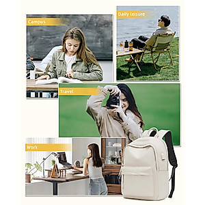 VECAVE Lightweight Backpack for Women Men,Travel Casual Daypack Laptop Rucksack, Waterproof College High Secondary Bookbag PU Leather Computer Laptop Bag Beige