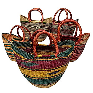 Deluxe Colorful African Shopping Basket - Large 18" U-shape - by market women in Bolgatanga, Ghana with Africa Heartwood Project - GBLSC (Flat-packed)