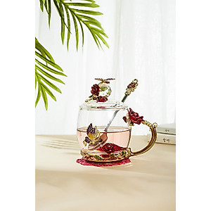 Guon-Wuvl Flower Teacup Transparent Glass Teacup, (With Spoon + Lid), Fancy Tea Cups, Flower Tea Cup,Tea Cup Gift, Gifts for Women,Mother's Day Present，Gift Box. (Rose Red Short Cup)