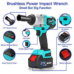 NCOEN 600N.m 1/2 Impact Driver 2 x 4.0 Batteries Cordlss Impact Wrench max torque 450ft/lbs, with 4 sockets and portable carrying case for home garden Blue Impact Gun