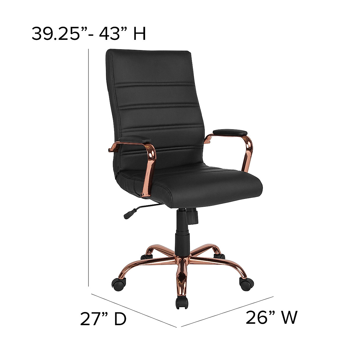 BizChair High Back Desk Chair - Black LeatherSoft Executive Swivel Office Chair with Rose Gold Frame - Swivel Arm Chair