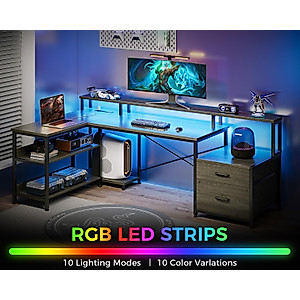 ODK L Shaped Desk with File Drawer, 66" Reversible L Shaped Computer Desk with Power Outlet & LED Strip, Office Desk with Storage Shelves, Gaming Desk with Monitor Shelf, Corner Desk, Grey Oak