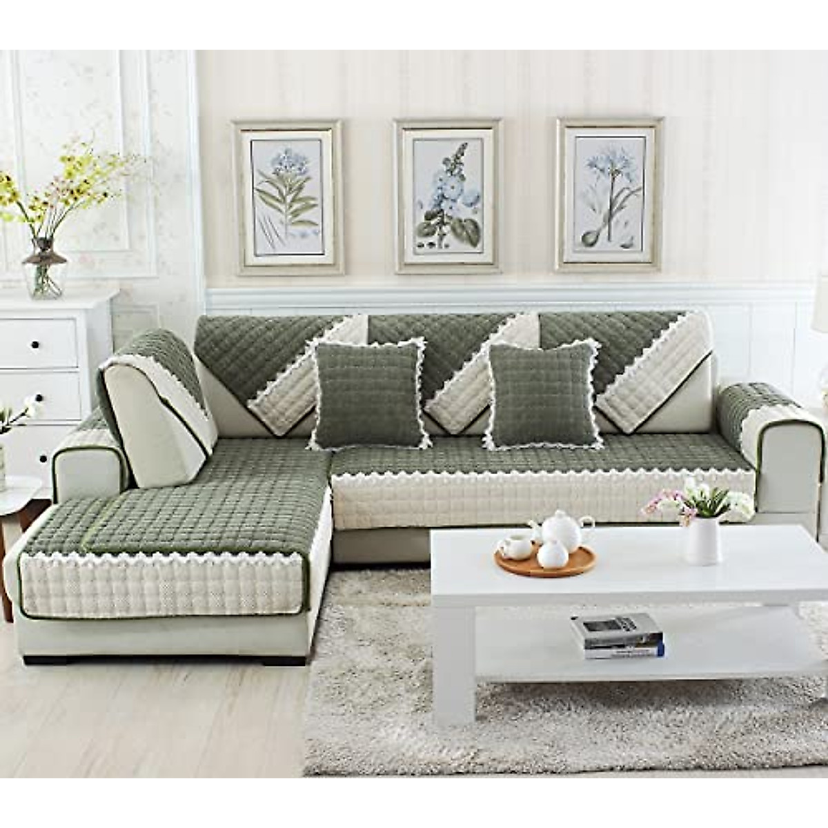 vctops Soft Corduroy Sofa Couch Cover, Plaid Sectional Couch Covers, Non-Slip Sofa Slipcover for Dogs Cats Kids(Dark Green,36"x36")