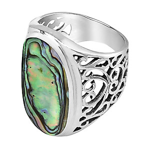 AeraVida Vintage Elegant Large Oval Abalone Shell Intricate Heart Filigree .925 Sterling Silver Ring (6) For Women