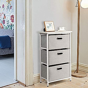 Giantex Vertical Dresser Storage W/ 3 Fabric Drawers,Easy Pull Fabric Bins,Steel Frame and Wood Top,3-Tier Organizer Tower Unit for Bedroom Hallway Entryway End Table (1, White)