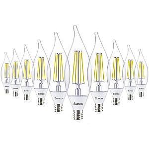 Sunco 10 Pack Dusk to Dawn Candelabra CA11 LED Light Bulbs Outdoor, 5W Equivalent 40W, CRI90 2700K White, Candle Flame Tip, Photocell Sensor, Decorative Filament, 500 Lumens, E12 Base UL