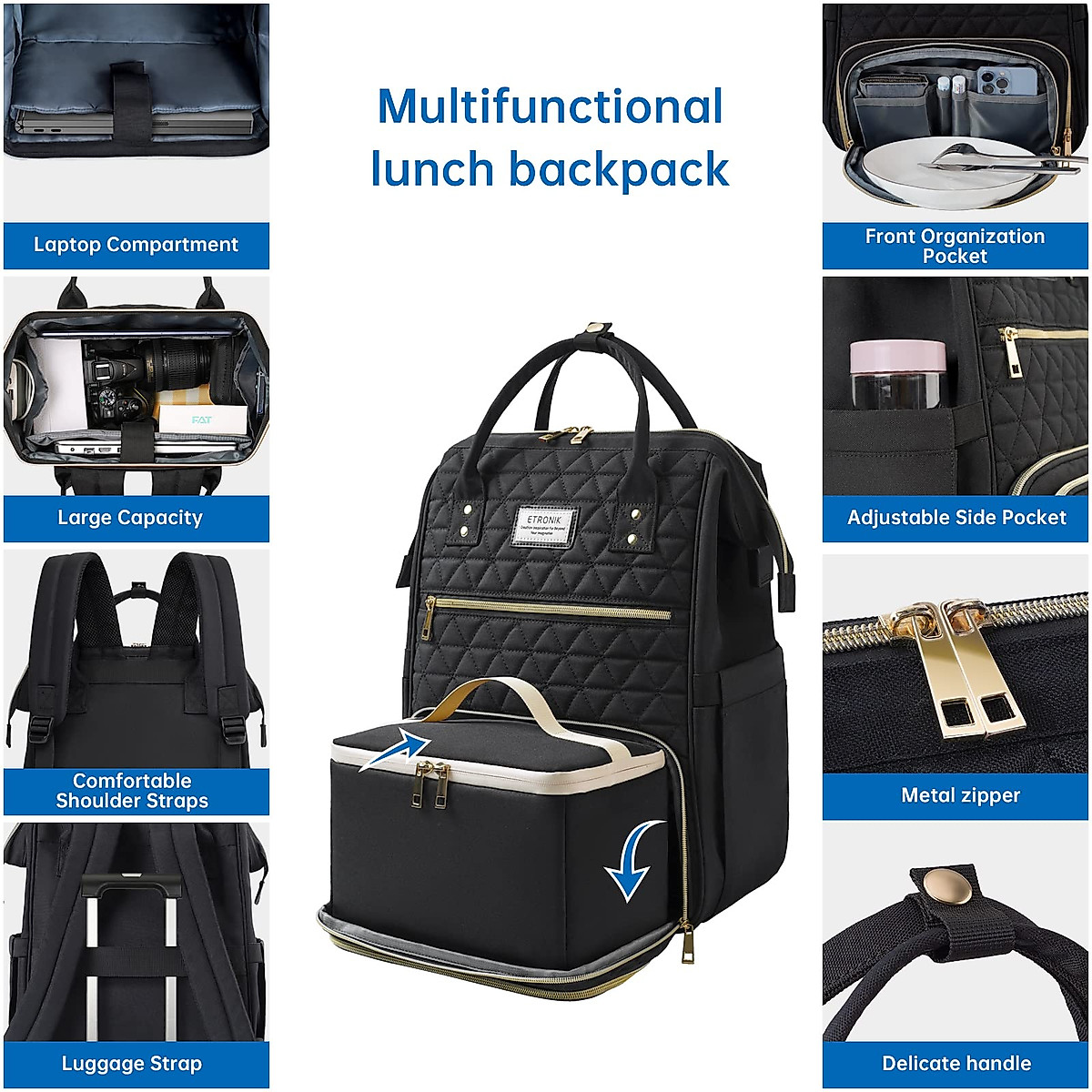 ETRONIK Lunch Backpack for Women, 17.3 Inch Laptop Backpack with USB Port, Stylish Nurse Backpack Teacher Work Bag with Insulated Cooler Lunch Box for Women Men/Travel, Black