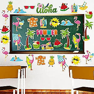 ADXCO 72 Pieces Summer Bulletin Board Decorations Tropical Cutouts Paper Flamingo Pineapple Cutouts Hawaiian School Bulletin Board Set for Classroom Party Supplies