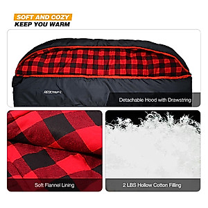 REDCAMP Large Cotton Double Sleeping Bag for Adults, 2 Person Cold Weather Warm Queen Size Flannel Sleeping Bags for Camping, Black