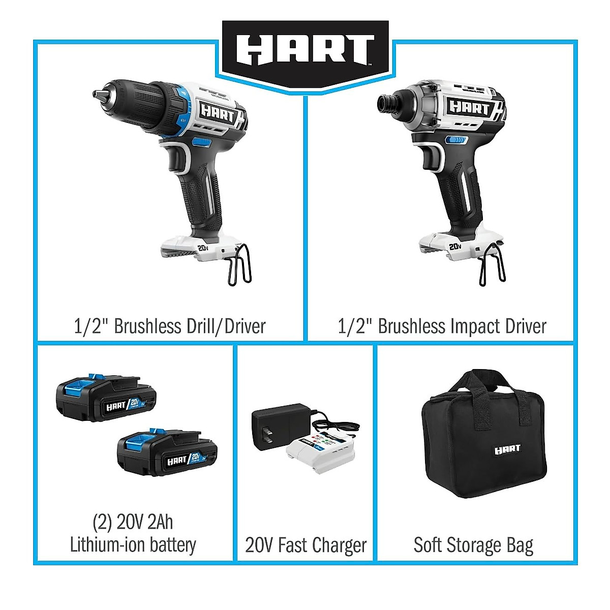 HART 20-Volt Cordless Brushless Drill and Impact Combo Kit with 10" Storage Bag, (2) 2.0Ah Lithium-Ion Batteries, HPCK252B