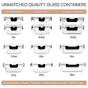 Zulay Kitchen 12 Pack Glass Meal Prep Containers with Lids - Airtight, Premium Borosilicate Glass Food Storage Containers - Microwave, Freezer & Oven Safe, BPA Free - Black