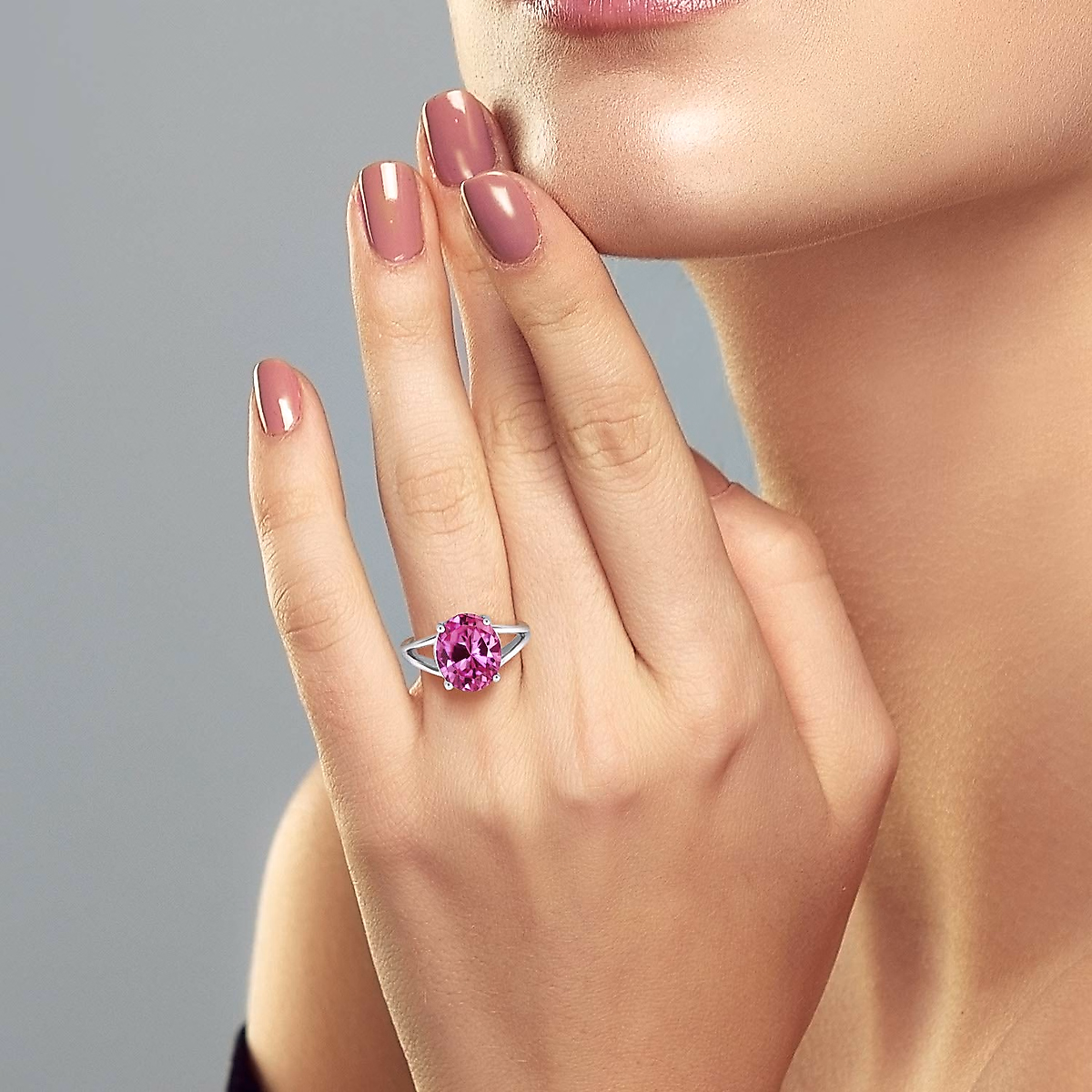 Gem Stone King 925 Sterling Silver Pink Created Sapphire Ring For Women (7.50 Cttw, Gemstone September Birthstone, Oval 12X10MM, Available In Size 5,6,7,8,9)