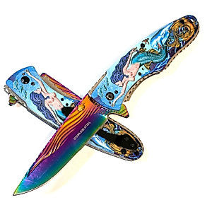 Mermaid dolphins rainbow folding pocket knife 8" over all. Christmas gift collection GLM048 RB