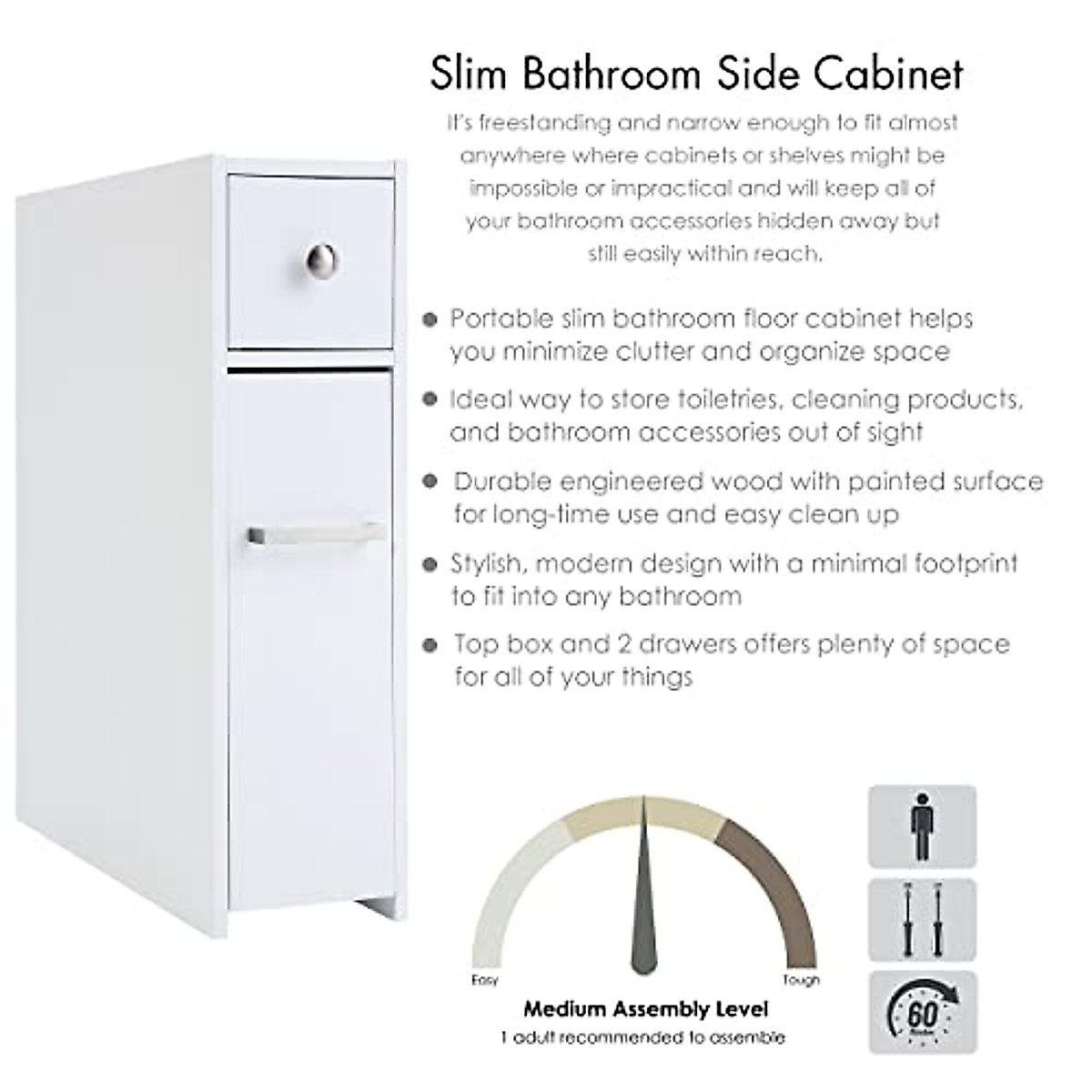 Spirich Home Slim Bathroom Storage Cabinet, Free Standing Toilet Paper Holder, Bathroom Cabinet Slide Out Drawer Storage, White