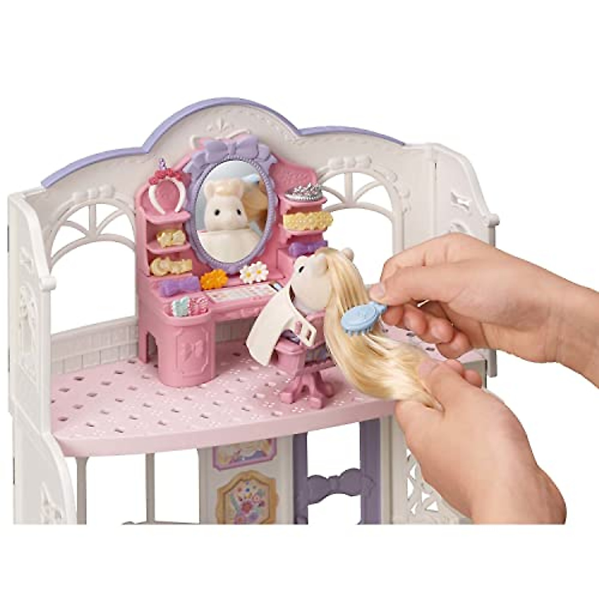 Calico Critters Pony's Stylish Hair Salon - 2-Story Salon Playset w/ Poseable Figure & 40+ Hair Styling Accessories for Ages 3+