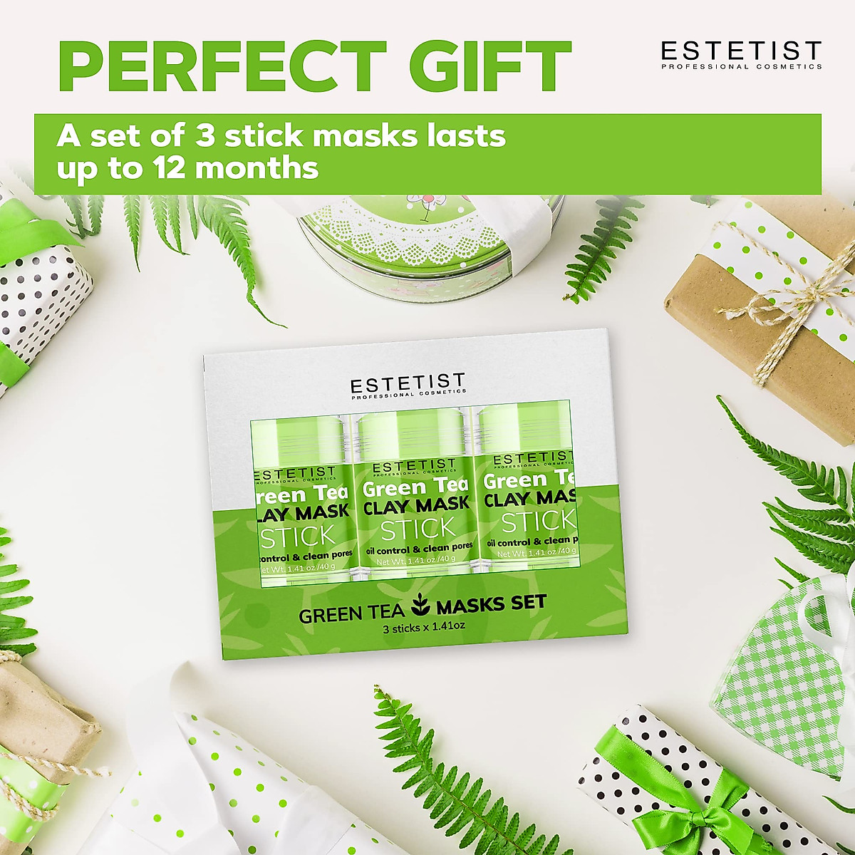 ESTETIST Green Tea Clay Mask Stick Set Purifying Face Mask Replenishing Moisture Deep Pore Cleanser Blackhead Remover Oil Control Skin Detoxifying Anti-Acne Treatment for All Skin Types Pack of 3