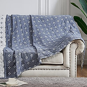jinchan Boho 100% Cotton Blanket Muslin Lightweight Twin Size Quilted Throw Blanket for Couch Soft Cozy All Season Blanket 3-Layer Floral Throw Cotton Blanket for Bedroom Decor Blue 60”x80“